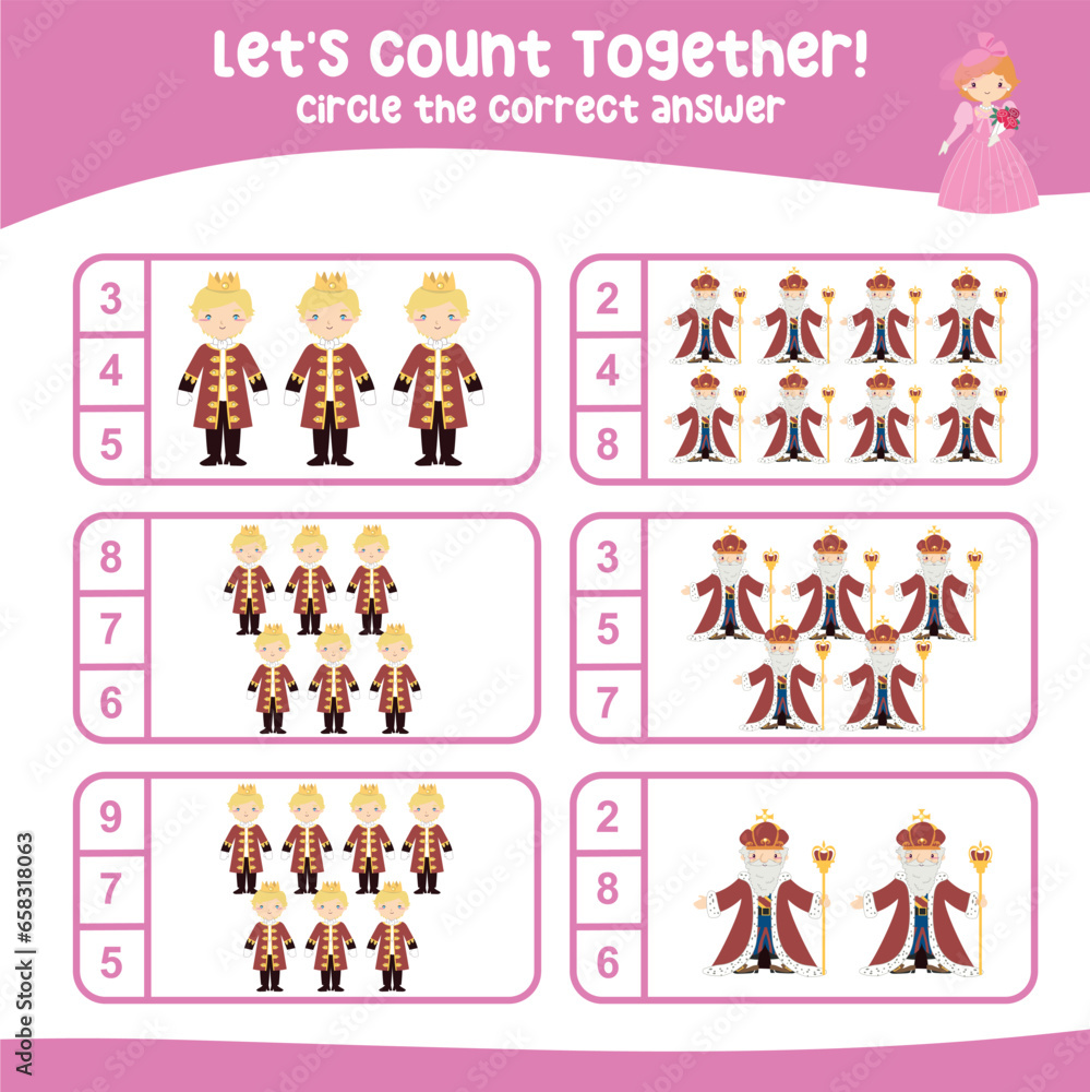 Counting and circle the correct number with cute fairytale kingdom ...