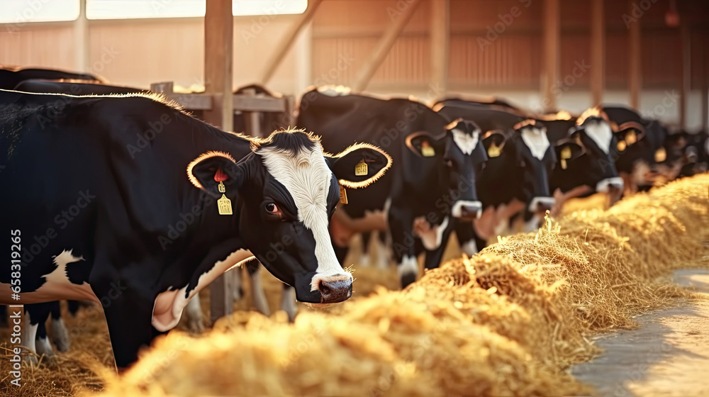 Cows eating hay in cowshed on beef cattle farm. meat production ...