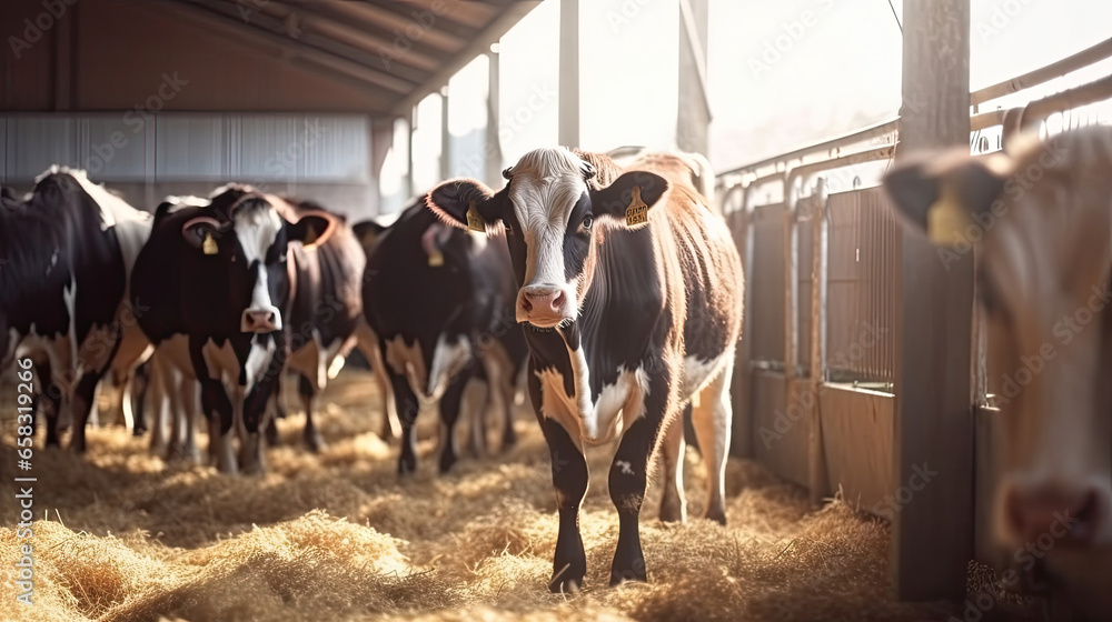 Cows eating hay in cowshed on beef cattle farm. meat production ...