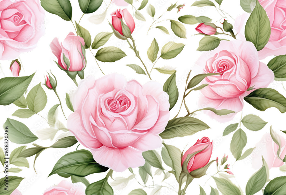 Rewrite: "Watercolor depiction of delicate pink roses and leafy foliage ...