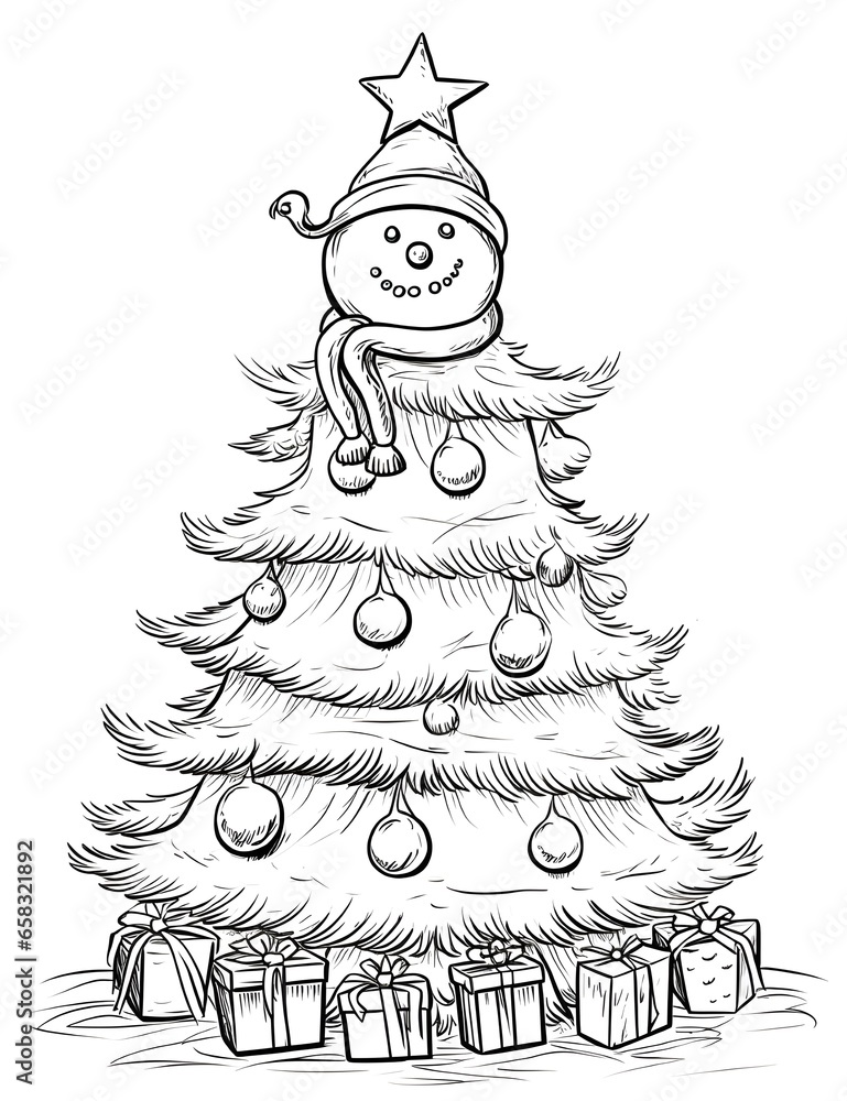 Snowman with Christmas tree coloring page for kids Stock Illustration ...