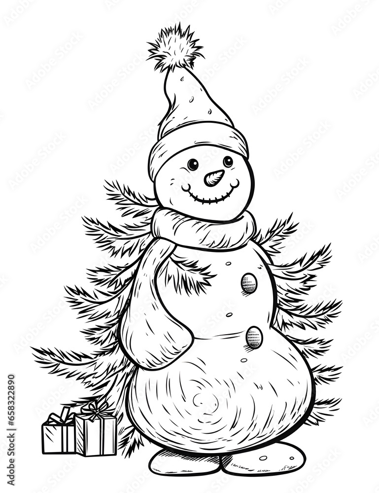 Snowman with Christmas tree coloring page for kids Stock Illustration ...