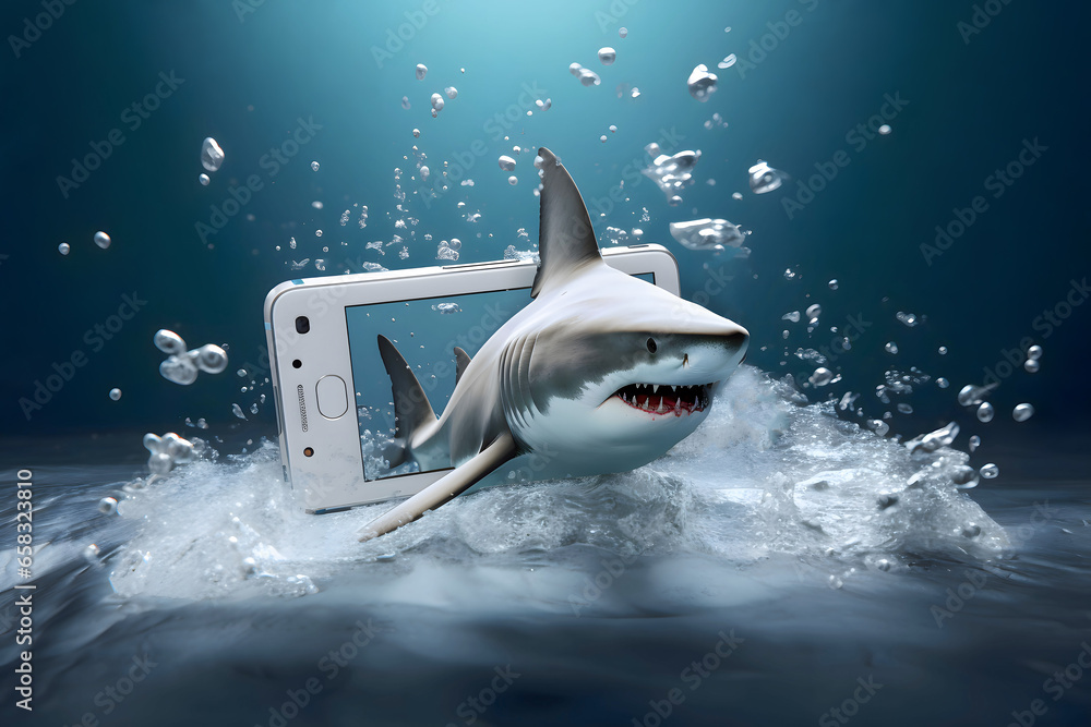 Shark coming out of mobile phone screen under water. Splash. Abstract ...