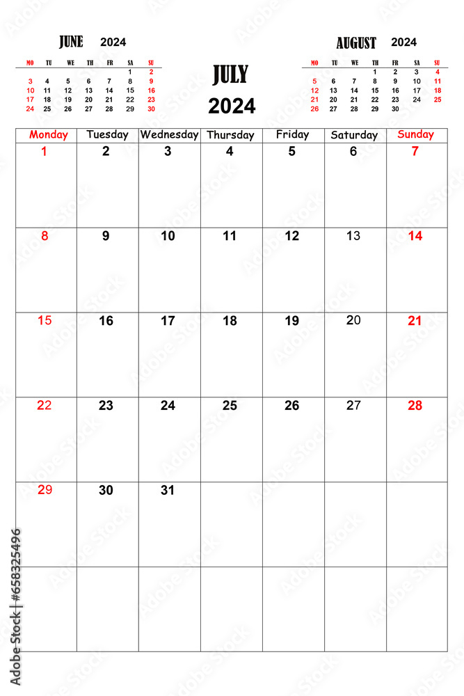 White calendar for July 2024 with previous and next months. New year ...
