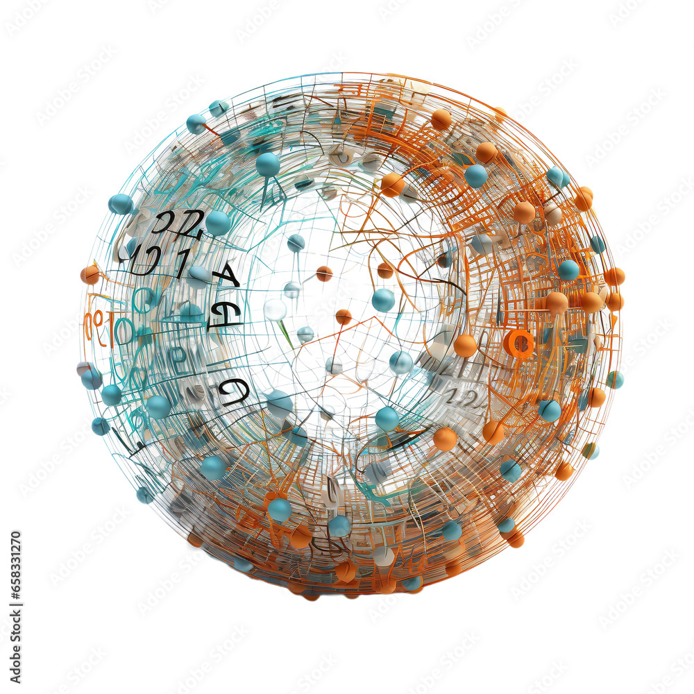 Sphere formed from numbers and symbols on a white transparent ...