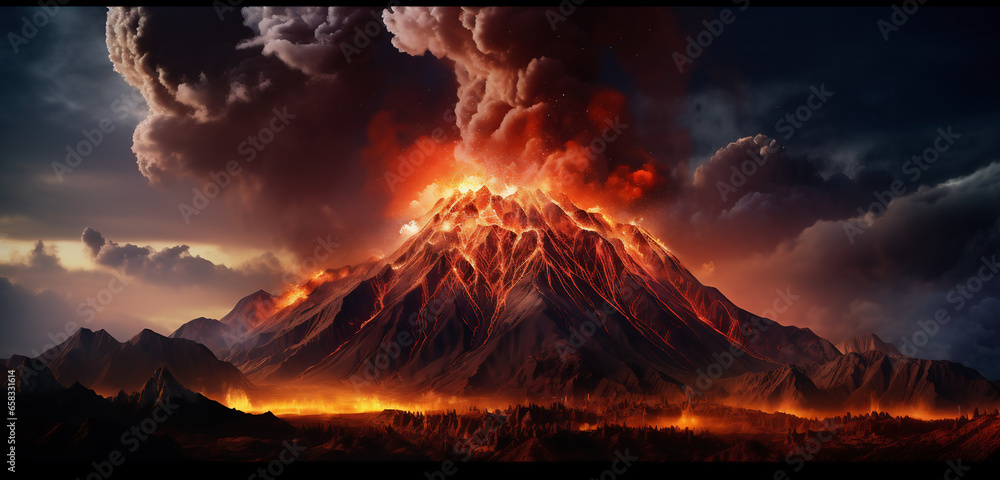 Volcano eruption. Volcanic range with smoke clouds from the volcano ...
