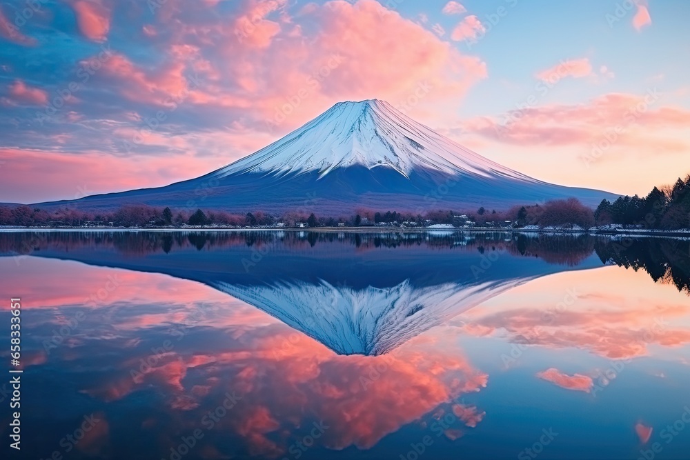 Foto de Mt Fuji at Lake Kawaguchiko in Japan at sunset. Beautiful ...