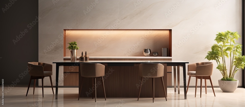 Luxury modern dining table island with marble top high chairs and ...