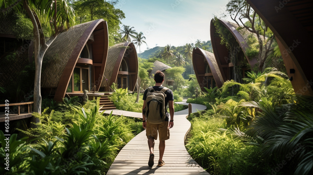 A tourist exploring an eco-friendly resort with energy-efficient ...
