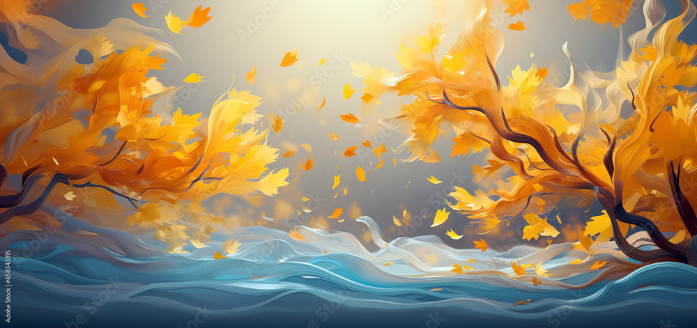 Depicted in a painterly style, the trees bend over the rippling water ...