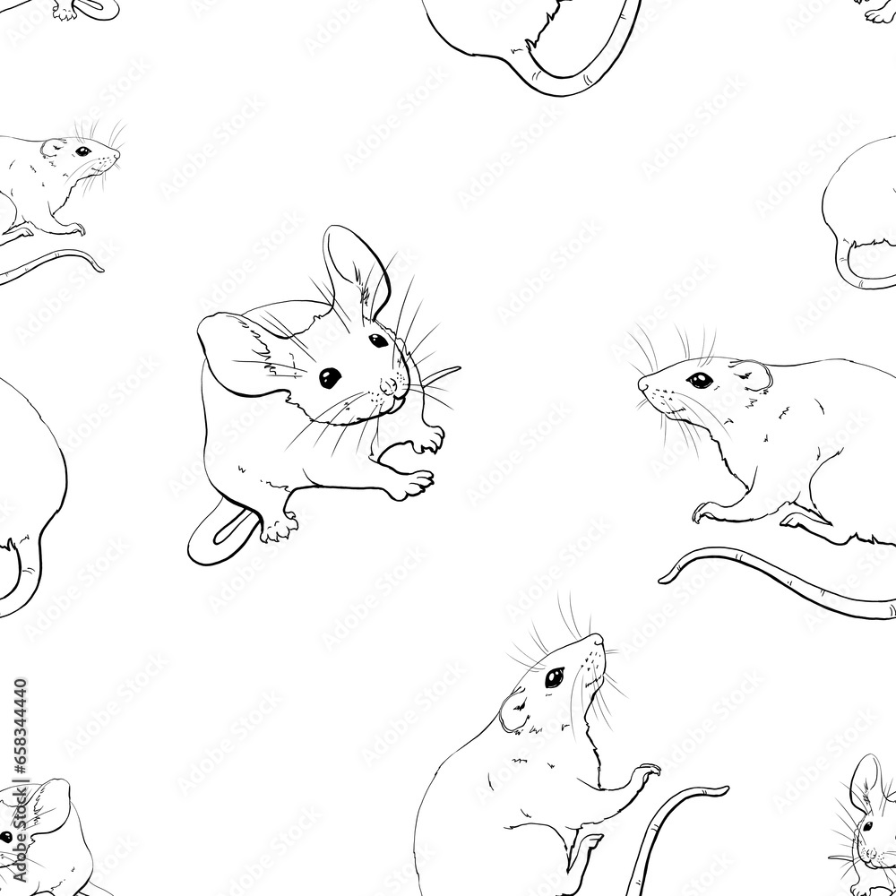 Mice, rats, rodents. Seamless pattern with graphic monochrome ...