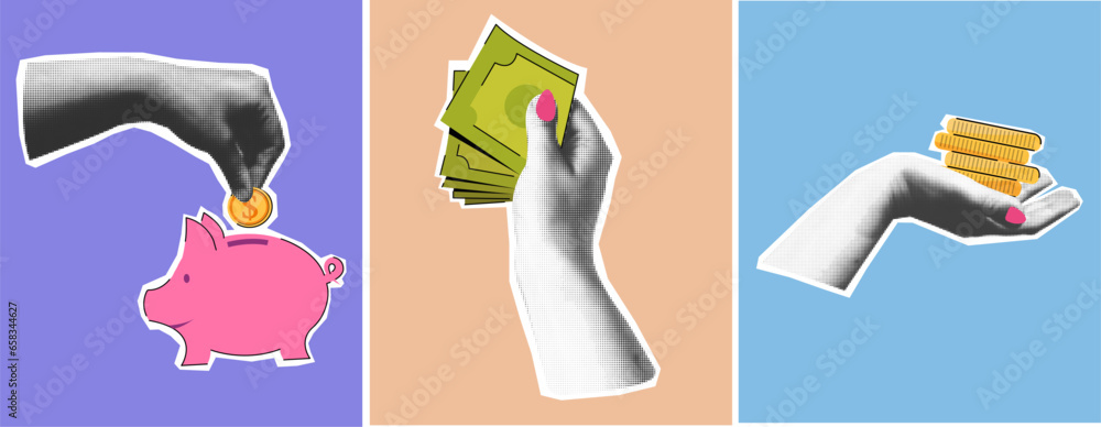 retro y2k style collage of Halftone hands with vector flat elements of ...