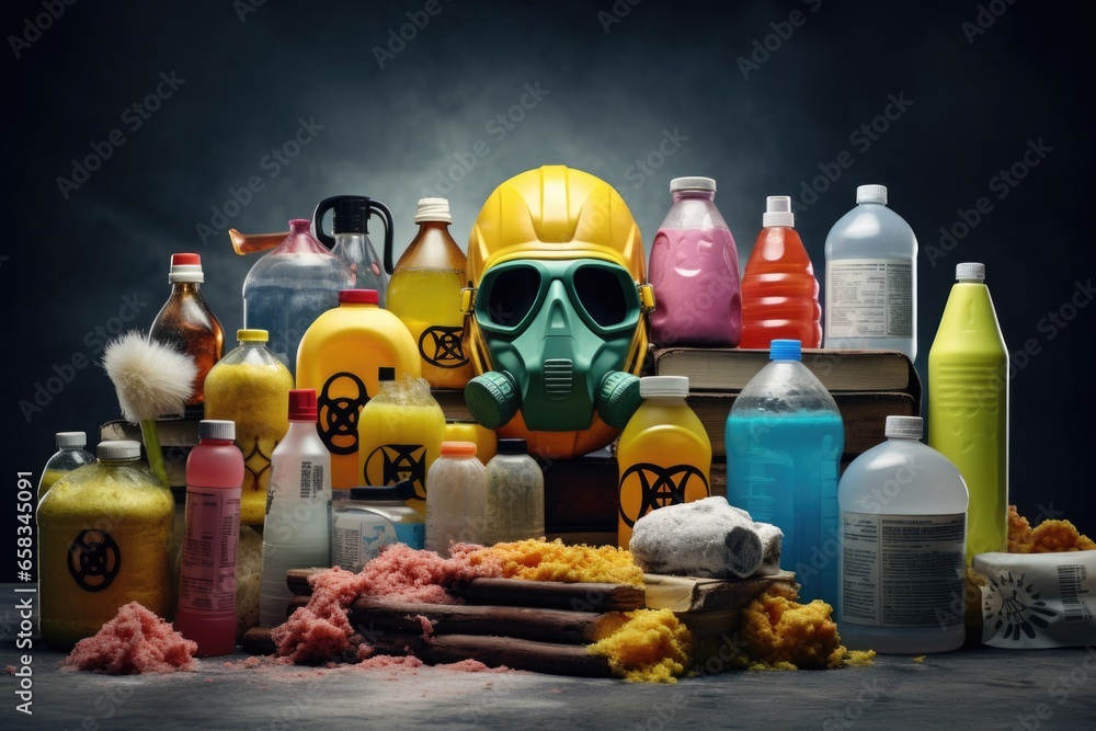 A collection of bottles and a gas mask placed on a table. This image ...