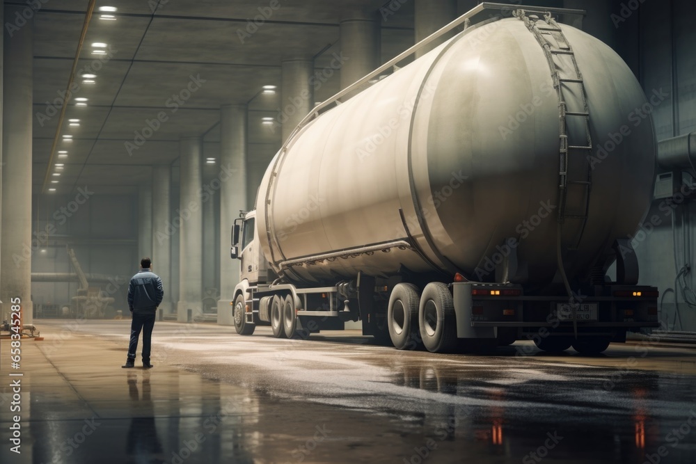 A man stands confidently in front of a massive tanker truck, ready for ...