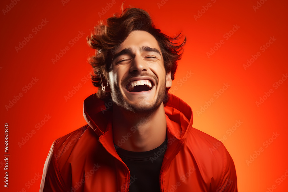 Ultra handsome man, smiling and laughing, wearing bright clothes ...