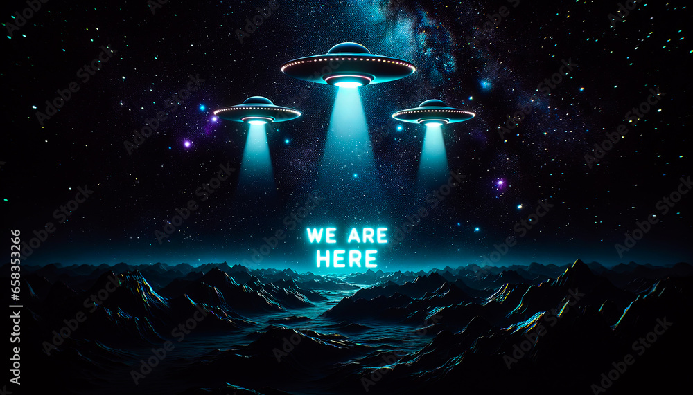 dark starry sky with three UFOs hovering. Emanating from the UFOs is a ...