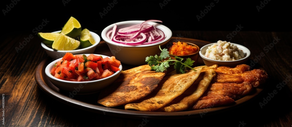 Traditional fried fish with plantain chips pico de gallo pickled onions ...
