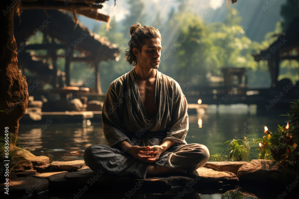 A person meditating peacefully, finding inner balance and tranquility ...
