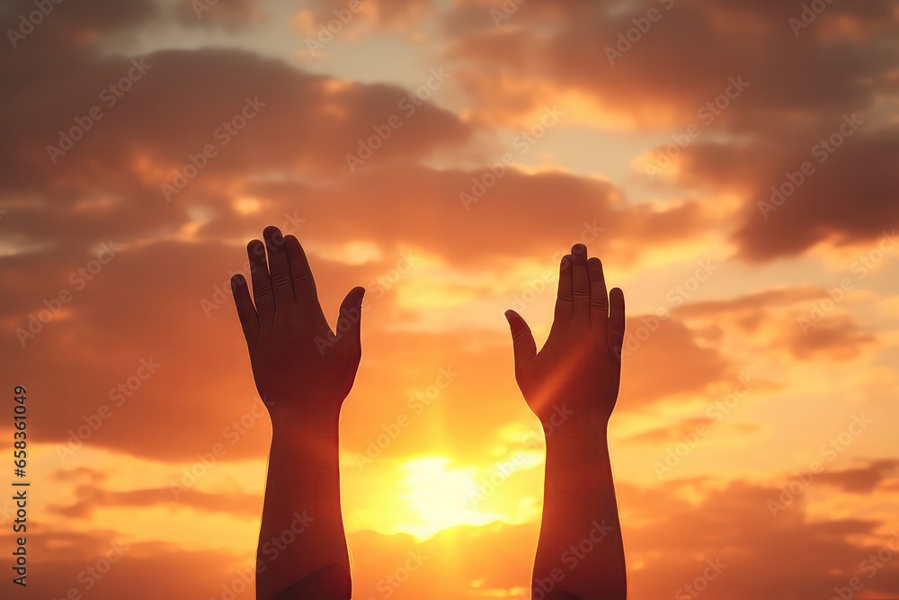 Christian Worship And Praise Concept Hands Rising Against Sunset Background. Сoncept Christian ...