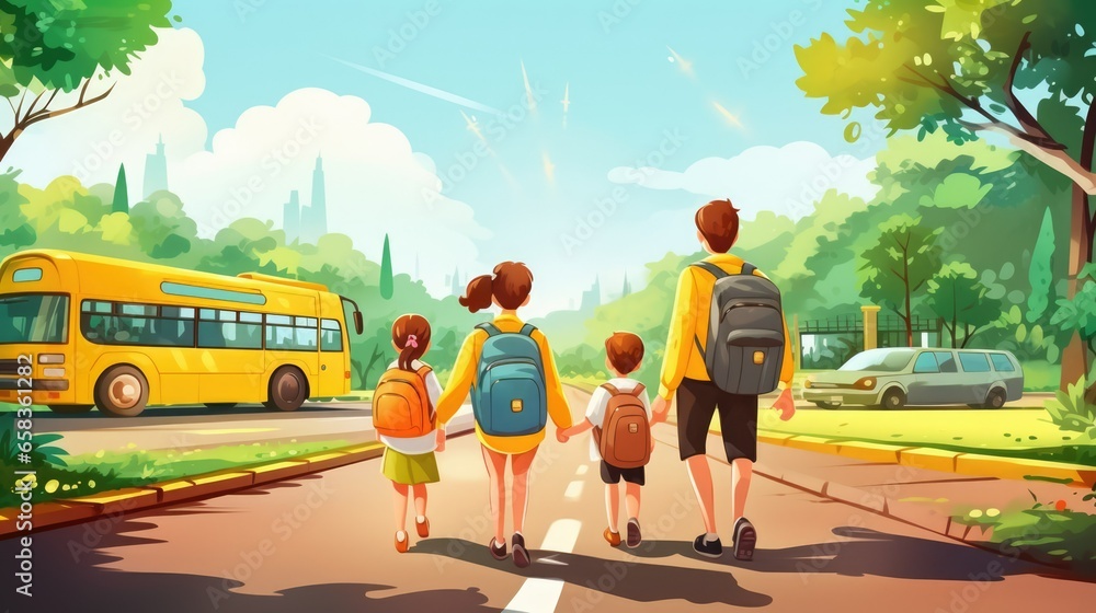 Dad and kindergarten kid holding hand, go to school, illustration ...