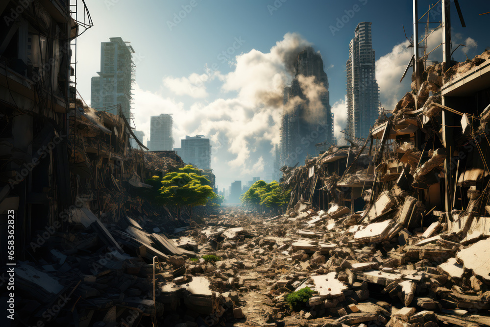 A crumbling skyscraper after an earthquake, highlighting the ...