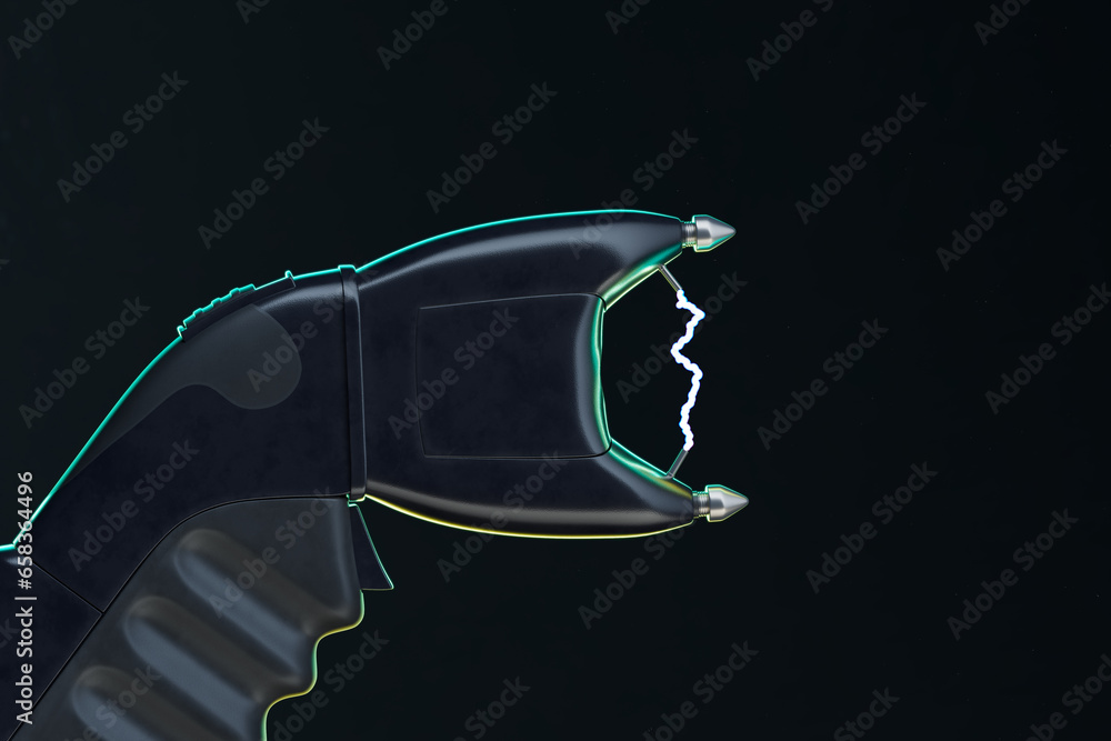 Stun gun or taser with an electric arc between two electrodes. Electric ...