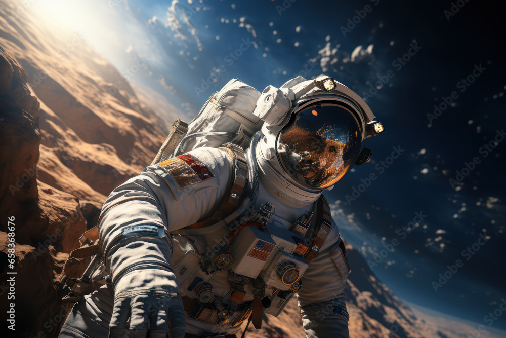 Astronauts conducting a spacewalk outside the spacecraft, highlighting ...