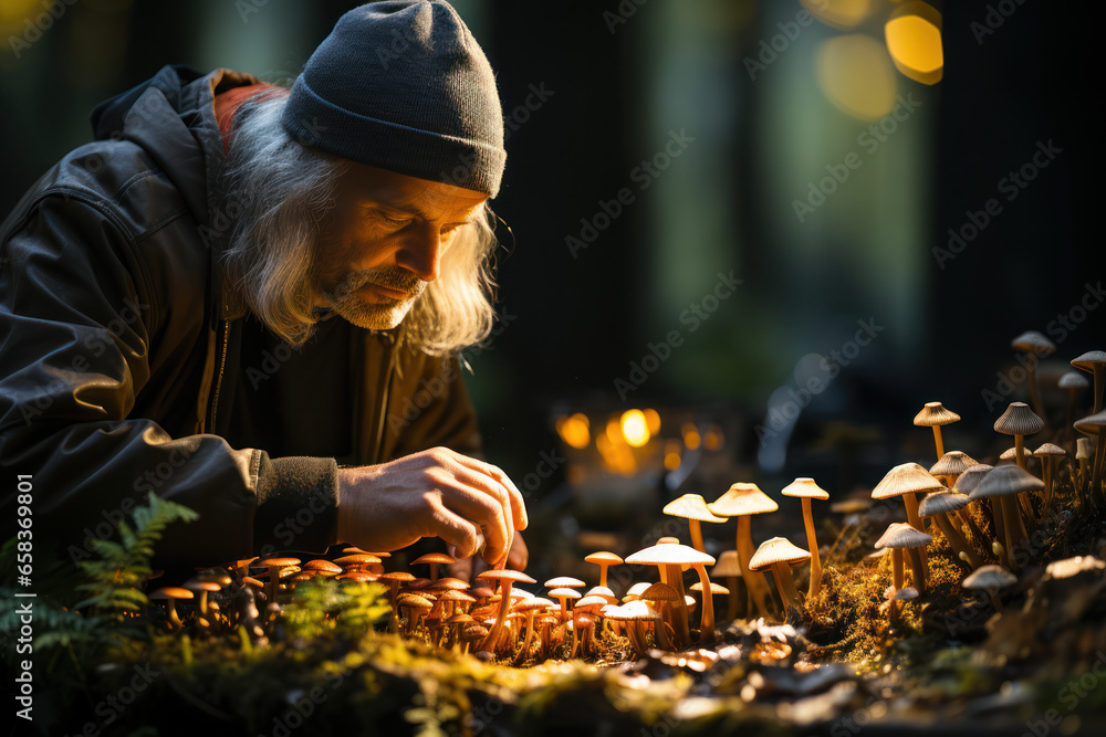 A mycologist identifying and classifying various species of fungi in a ...