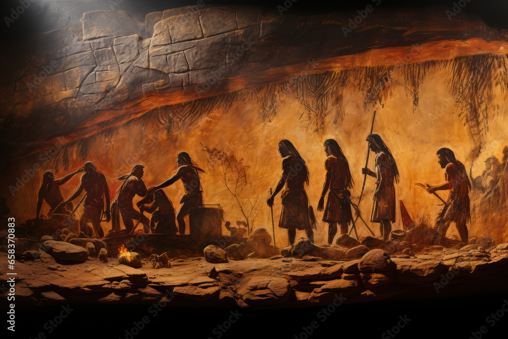 A cave painting depicting early humans hunting, offering a glimpse into ...