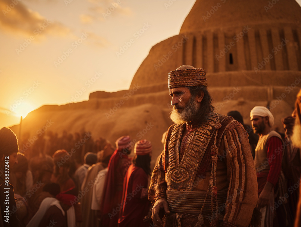 Ancient Mesopotamian ziggurat, sunset, cuneiform inscriptions, people ...