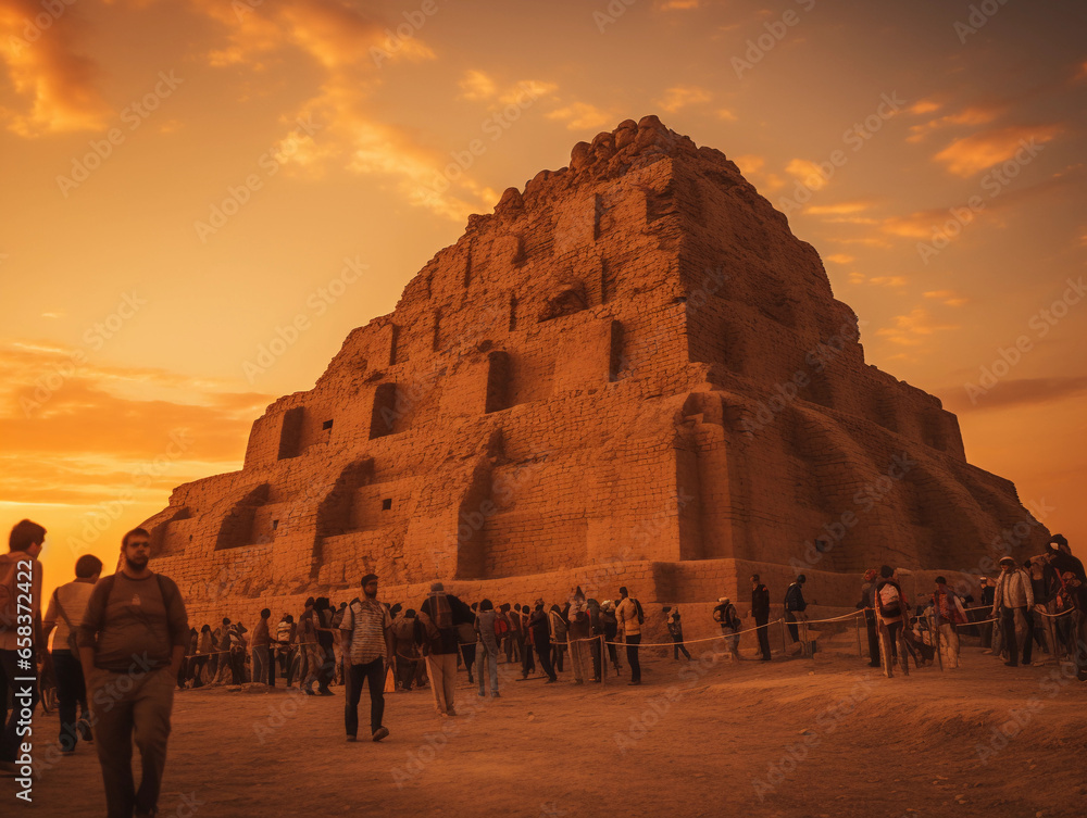 Ancient Mesopotamian ziggurat, sunset, cuneiform inscriptions, people ...