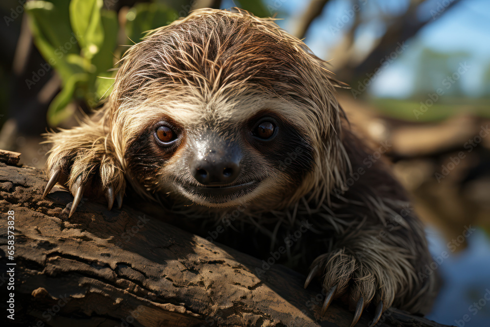 The rare and tiny pygmy three-toed sloth, clinging to mangrove trees on ...