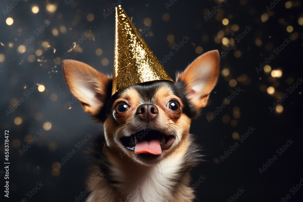Happy dog wearing New Year's Eve party celebration hat in front of dark ...