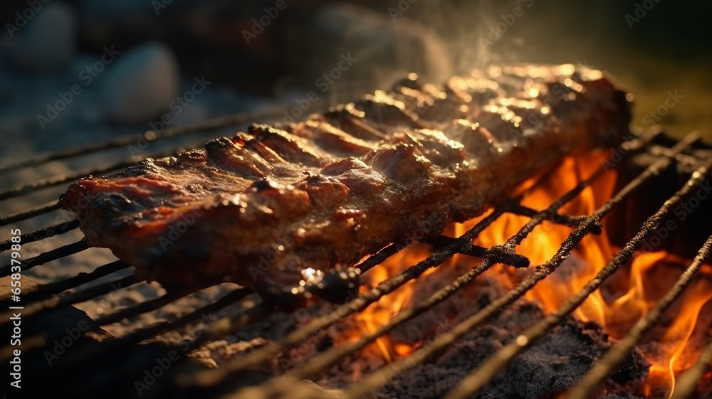 an outdoor photograph of a tasty delightful cow ribs on spit ground ...