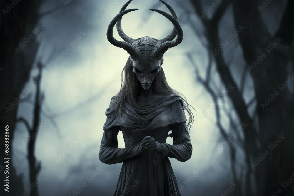 Horror, fantasy, sci-fi, culture and religion, make-up concept. Evil ...