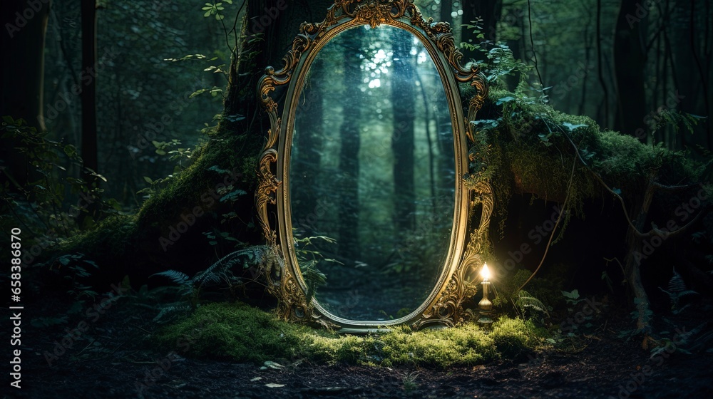 Dark mysterious forest with a magical magic mirror, a portal to another ...