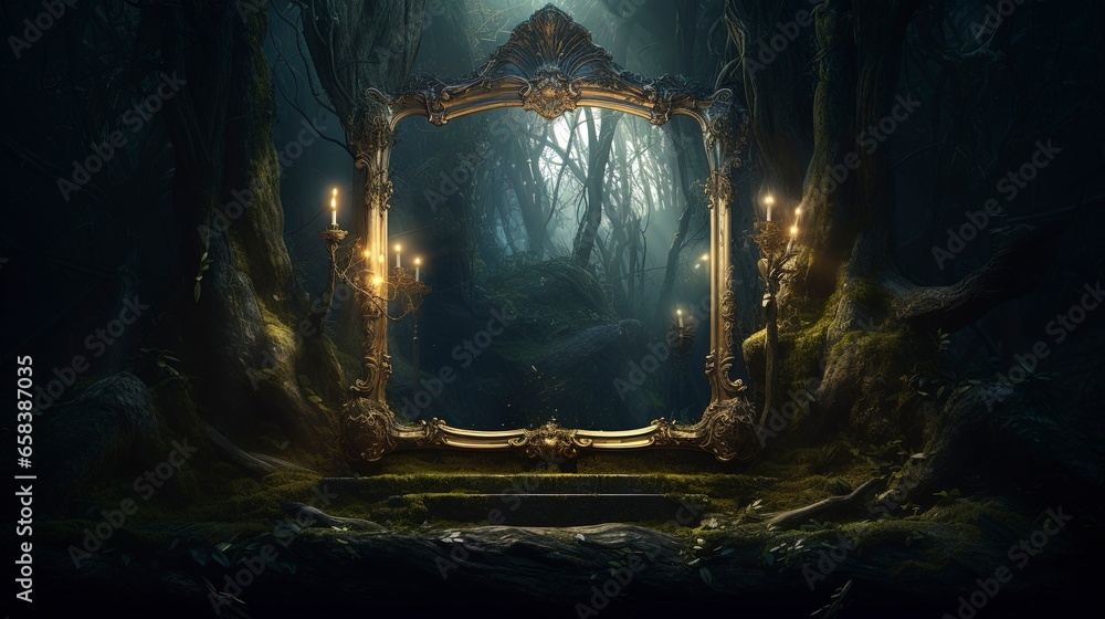 Dark mysterious forest with a magical magic mirror, a portal to another ...