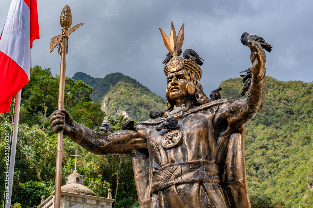 Inca statue of Pachacutec in the main square of Aguas Calientes, near ...