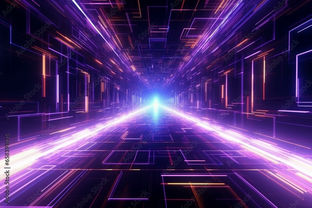 Fly through glowing cyberspace with sci-fi hi-tech tunnel and ...