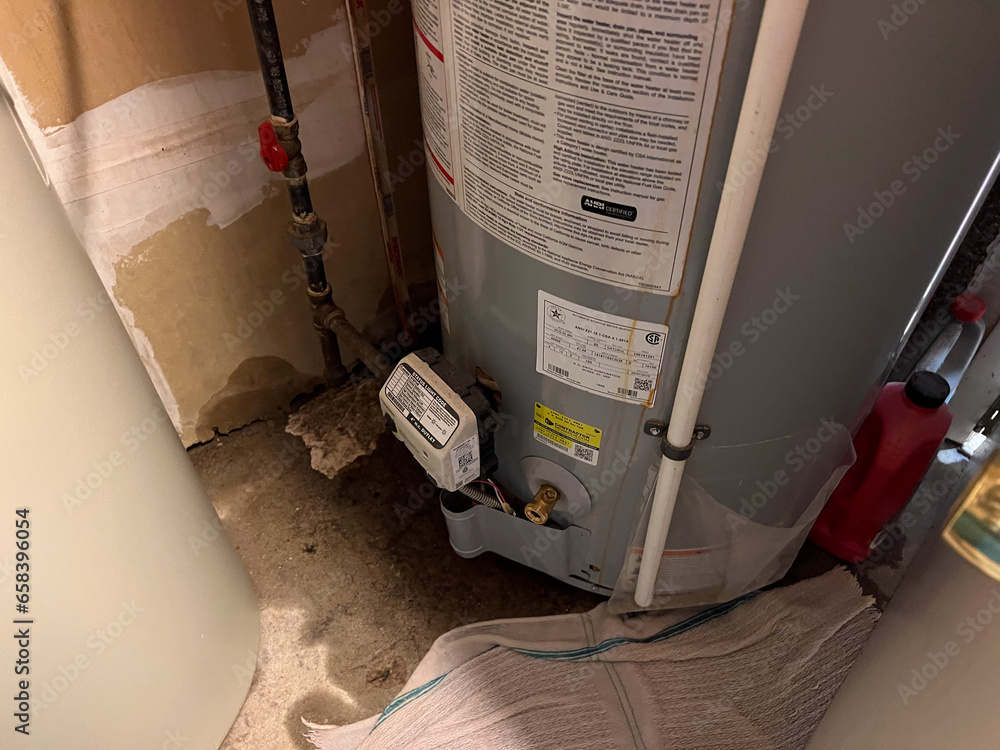 water heater tank failing and leaking Stock Photo | Adobe Stock