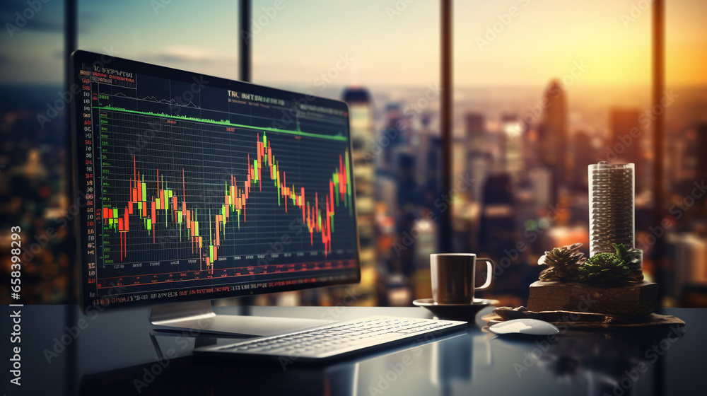 Creative workplace with forex chart on window with night city view ...
