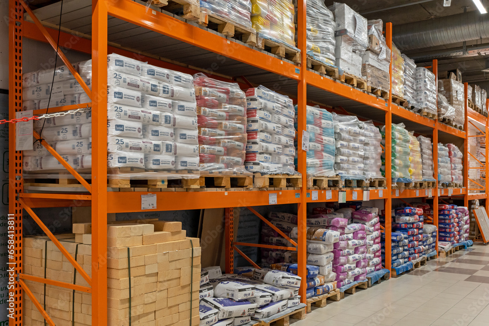 Large selection of building materials are sold in hardware store ...