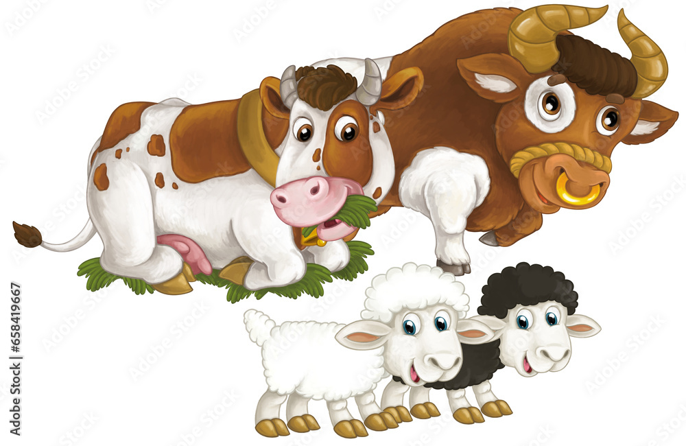 cartoon scene with happy farm animal cow and bul and two sheep having ...
