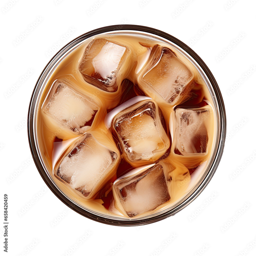 Iced coffee isolated on transparent background, top view, view from ...