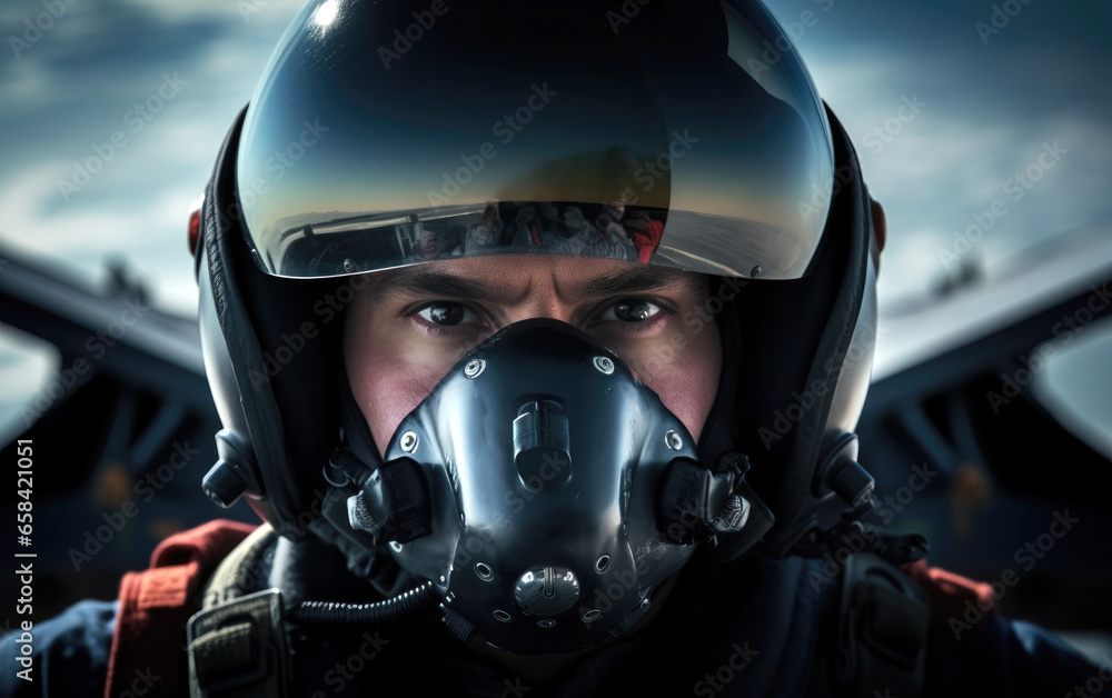 An intense shot of a fighter jet pilot in the cockpit, displaying focus ...
