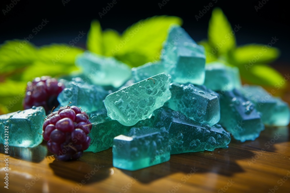Gummies with blue raspberry flavor, containing delta-8 and hemp leaves ...