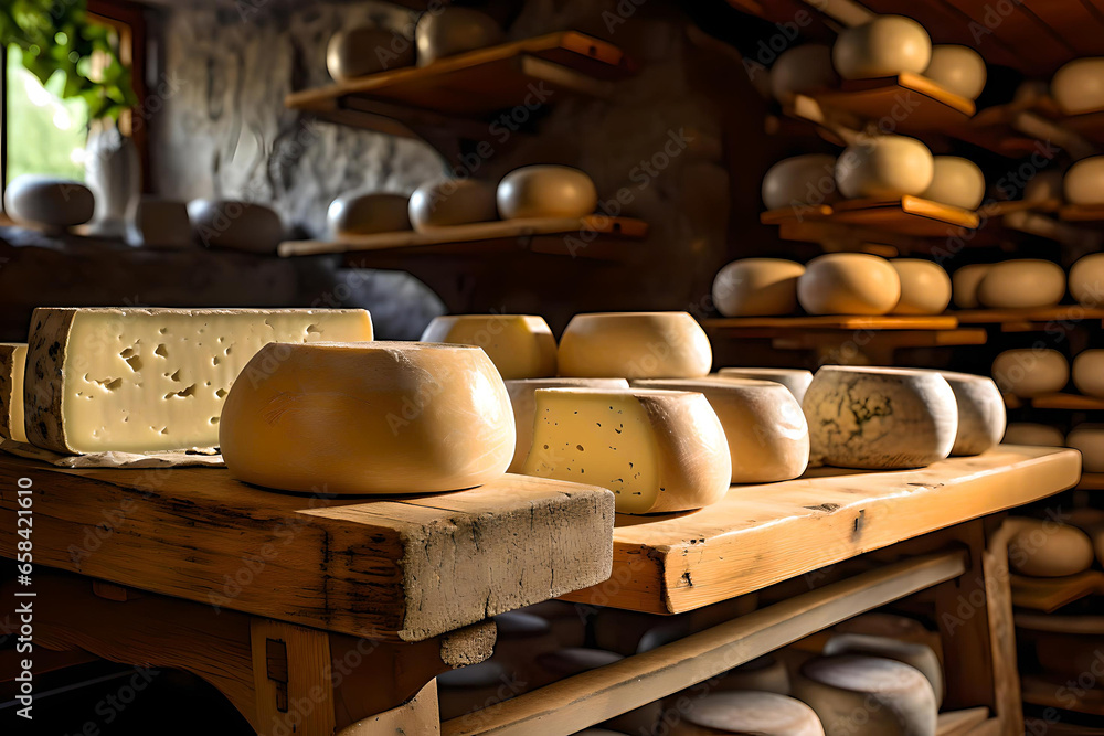 Wooden Shelves with cheeses in the cellar, A cheese aging cellar, Swiss ...