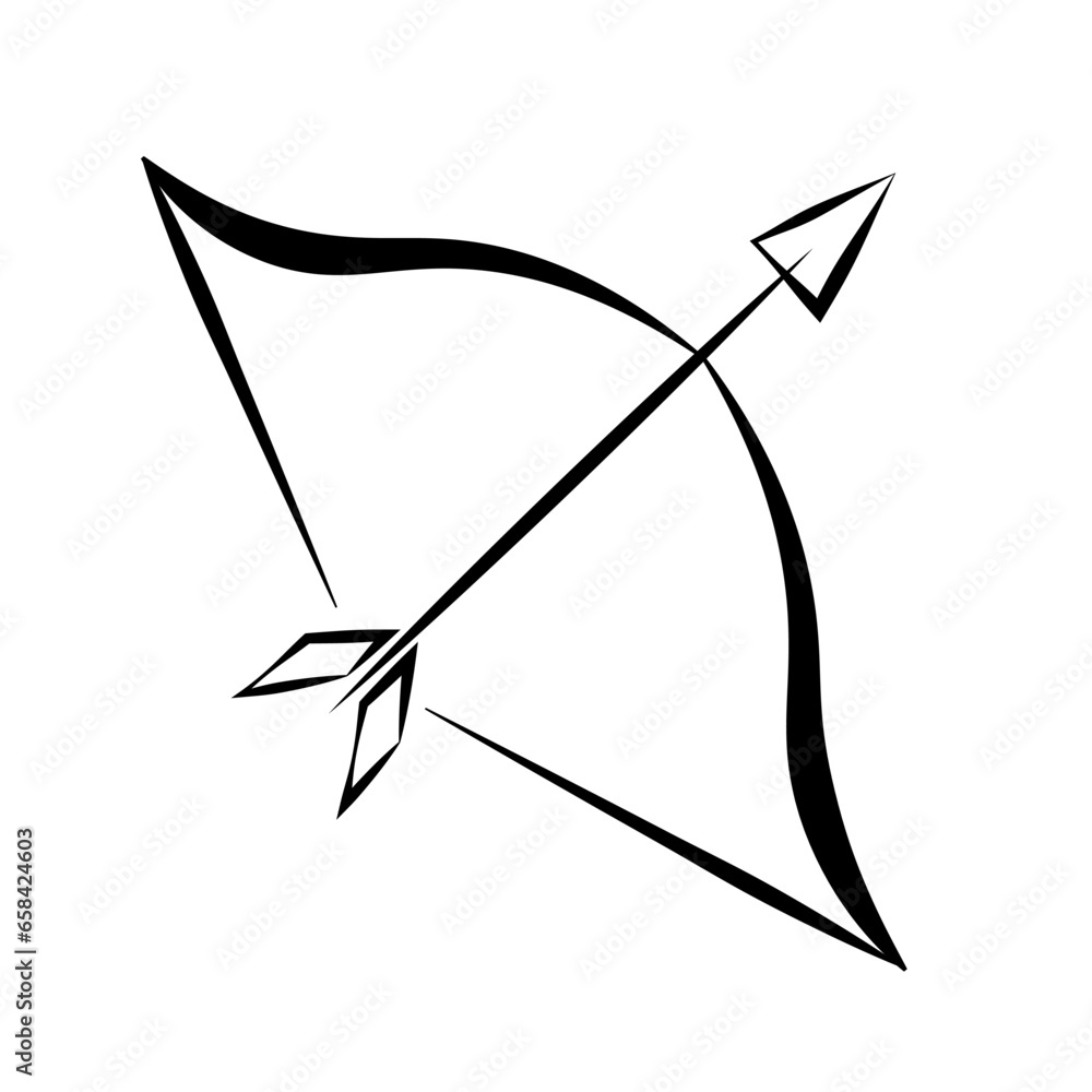 Arrow and bow illustration. Black contour linear silhouette. Side view ...