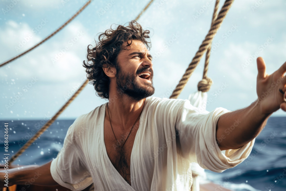 Photorealistic portrait of Ancient Greek hero Odysseus on a ship to his home island Ithaca ...