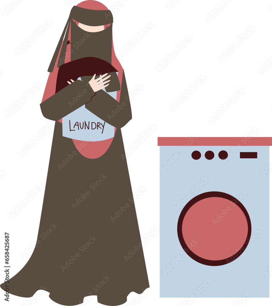 Muslim woman doing household chores, multitasking mother, supermom ...